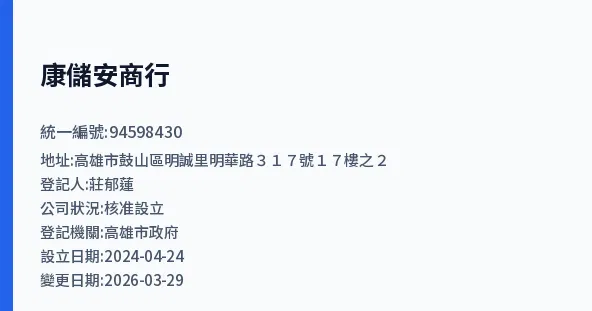 康儲安商行的照片-統編 94598430(高雄市) 公司登記資料與營業項目詳細圖表