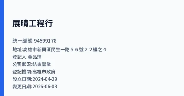 展晴工程行的照片-統編 94599178(高雄市) 公司登記資料與營業項目詳細圖表