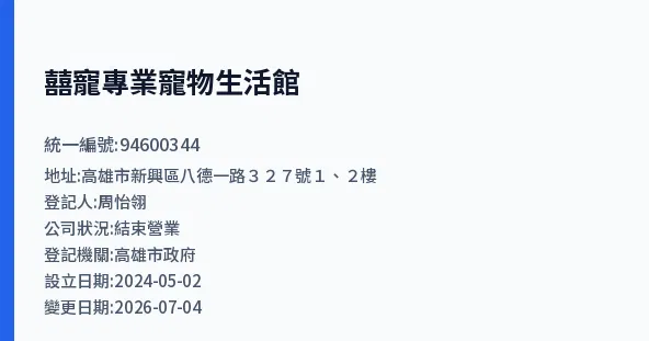 囍寵專業寵物生活館的照片-統編 94600344(高雄市) 公司登記資料與營業項目詳細圖表