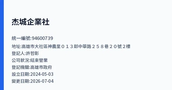 杰城企業社的照片-統編 94600739(高雄市) 公司登記資料與營業項目詳細圖表