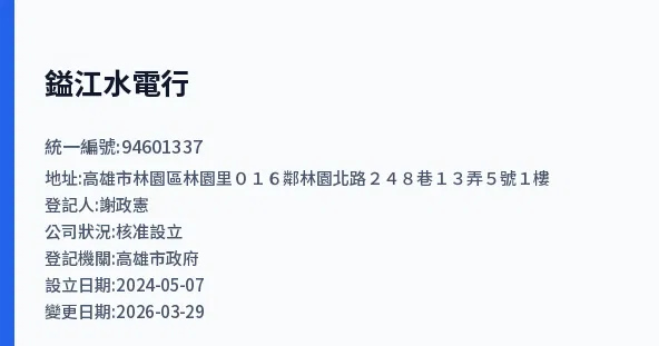 鎰江水電行的照片-統編 94601337(高雄市) 公司登記資料與營業項目詳細圖表