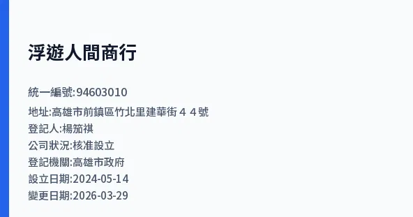 浮遊人間商行的照片-統編 94603010(高雄市) 公司登記資料與營業項目詳細圖表