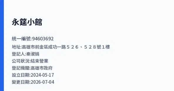 永筵小館的照片-統編 94603692(高雄市) 公司登記資料與營業項目詳細圖表
