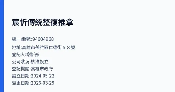 宸忻傳統整復推拿的照片-統編 94604968(高雄市) 公司登記資料與營業項目詳細圖表