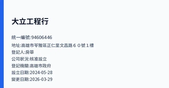 大立工程行的照片-統編 94606446(高雄市) 公司登記資料與營業項目詳細圖表