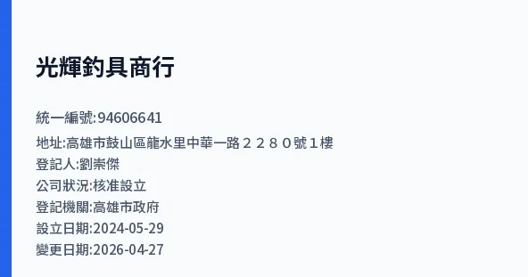 光輝釣具商行的照片-統編 94606641(高雄市) 公司登記資料與營業項目詳細圖表