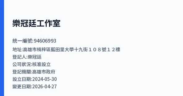 樂冠廷工作室的照片-統編 94606993(高雄市) 公司登記資料與營業項目詳細圖表