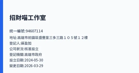 招財喵工作室的照片-統編 94607114(高雄市) 公司登記資料與營業項目詳細圖表