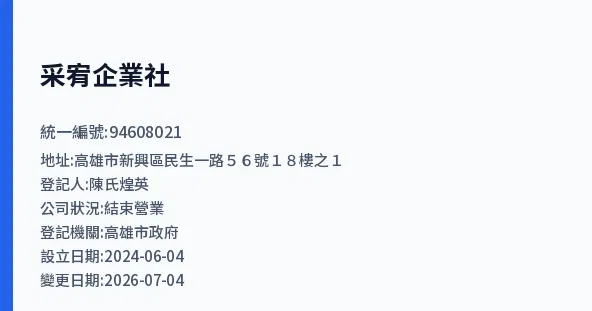 采宥企業社的照片-統編 94608021(高雄市) 公司登記資料與營業項目詳細圖表