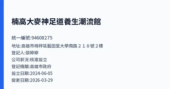 楠高大麥神足道養生潮流館的照片-統編 94608275(高雄市) 公司登記資料與營業項目詳細圖表