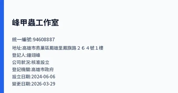峰甲蟲工作室的照片-統編 94608887(高雄市) 公司登記資料與營業項目詳細圖表