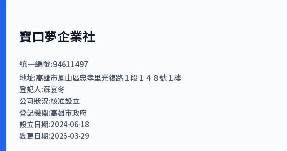 寶口夢企業社的照片-統編 94611497(高雄市) 公司登記資料與營業項目詳細圖表
