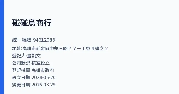 碰碰鳥商行的照片-統編 94612088(高雄市) 公司登記資料與營業項目詳細圖表