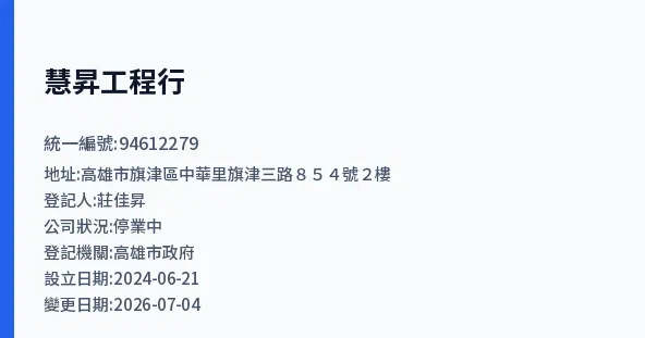 慧昇工程行的照片-統編 94612279(高雄市) 公司登記資料與營業項目詳細圖表