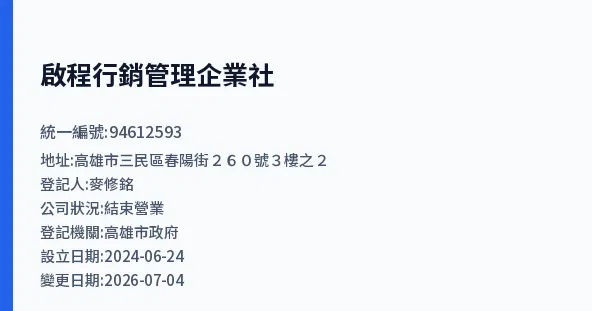 啟程行銷管理企業社的照片-統編 94612593(高雄市) 公司登記資料與營業項目詳細圖表