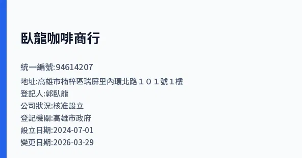 臥龍咖啡商行的照片-統編 94614207(高雄市) 公司登記資料與營業項目詳細圖表