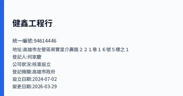 健鑫工程行的照片-統編 94614446(高雄市) 公司登記資料與營業項目詳細圖表