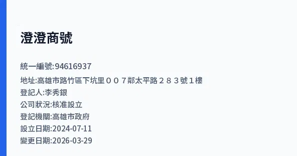 澄澄商號的照片-統編 94616937(高雄市) 公司登記資料與營業項目詳細圖表