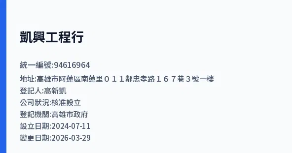 凱興工程行的照片-統編 94616964(高雄市) 公司登記資料與營業項目詳細圖表