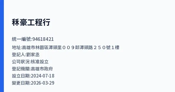 秝豪工程行的照片-統編 94618421(高雄市) 公司登記資料與營業項目詳細圖表