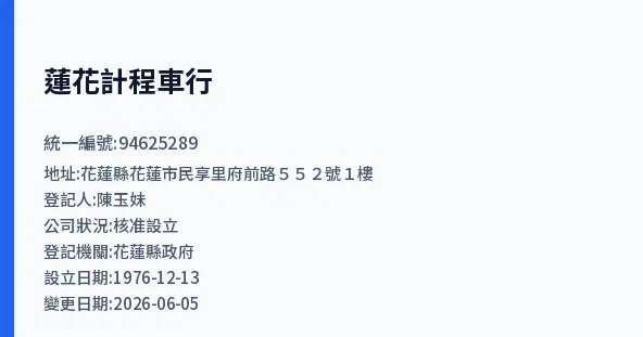 蓮花計程車行的照片-統編 94625289(花蓮縣) 公司登記資料與營業項目詳細圖表