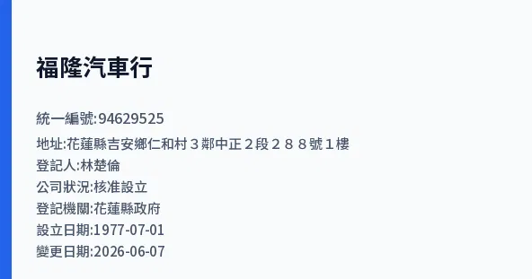 福隆汽車行的照片-統編 94629525(花蓮縣) 公司登記資料與營業項目詳細圖表