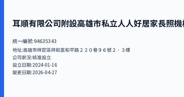 耳順有限公司附設高雄市私立人人好居家長照機構的照片-統編 94635343(高雄市) 公司登記資料與營業項目詳細圖表