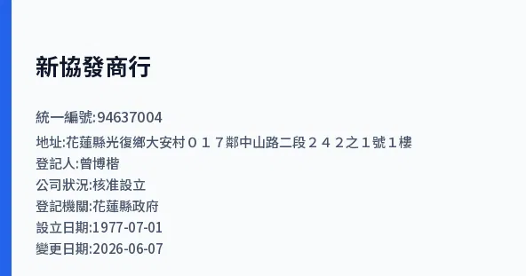 新協發商行的照片-統編 94637004(花蓮縣) 公司登記資料與營業項目詳細圖表