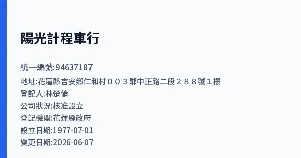 陽光計程車行的照片-統編 94637187(花蓮縣) 公司登記資料與營業項目詳細圖表