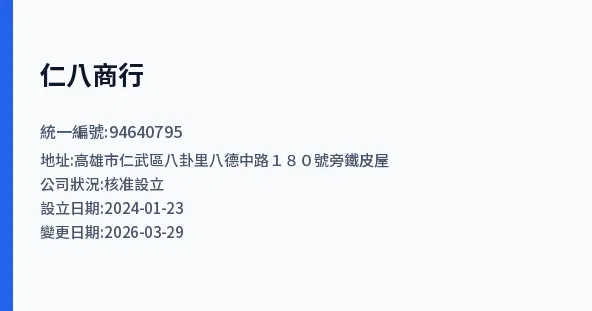 仁八商行的照片-統編 94640795(高雄市) 公司登記資料與營業項目詳細圖表