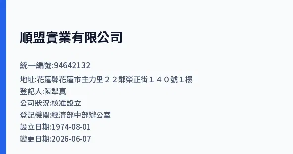 順盟實業有限公司的照片-統編 94642132(花蓮縣) 公司登記資料與營業項目詳細圖表