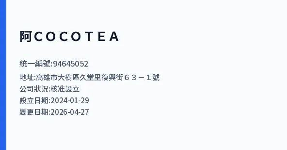 阿CO CO TEA的照片-統編 94645052(高雄市) 公司登記資料與營業項目詳細圖表