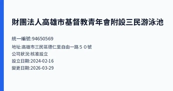 財團法人高雄市基督教青年會附設三民游泳池的照片-統編 94650569(高雄市) 公司登記資料與營業項目詳細圖表