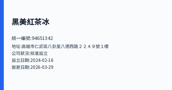 黑美紅茶冰的照片-統編 94651342(高雄市) 公司登記資料與營業項目詳細圖表