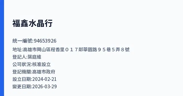 福鑫水晶行的照片-統編 94653926(高雄市) 公司登記資料與營業項目詳細圖表