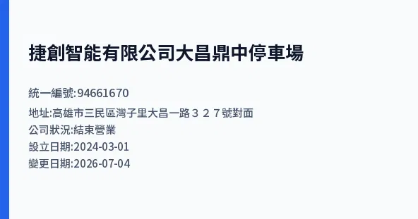 捷創智能有限公司大昌鼎中停車場的照片-統編 94661670(高雄市) 公司登記資料與營業項目詳細圖表