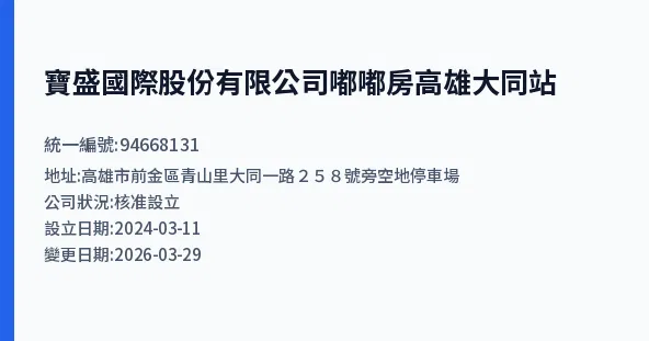 寶盛國際股份有限公司嘟嘟房高雄大同站的照片-統編 94668131(高雄市) 公司登記資料與營業項目詳細圖表