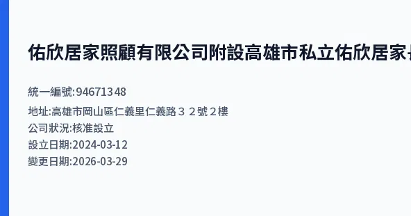 佑欣居家照顧有限公司附設高雄市私立佑欣居家長照機構的照片-統編 94671348(高雄市) 公司登記資料與營業項目詳細圖表