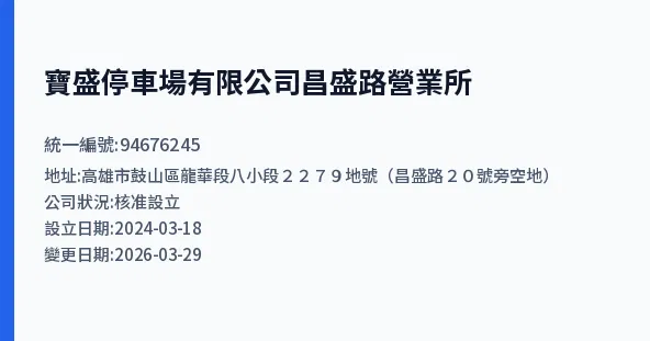 寶盛停車場有限公司昌盛路營業所的照片-統編 94676245(高雄市) 公司登記資料與營業項目詳細圖表