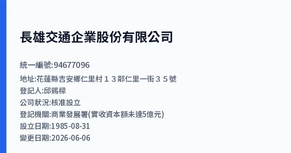 長雄交通企業股份有限公司的照片-統編 94677096(花蓮縣) 公司登記資料與營業項目詳細圖表