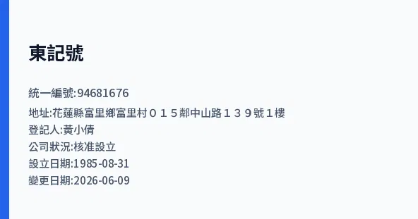 東記號的照片-統編 94681676(花蓮縣) 公司登記資料與營業項目詳細圖表