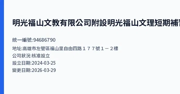 明光福山文教有限公司附設明光福山文理短期補習班的照片-統編 94686790(高雄市) 公司登記資料與營業項目詳細圖表