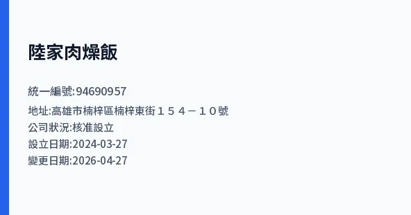 陸家肉燥飯的照片-統編 94690957(高雄市) 公司登記資料與營業項目詳細圖表