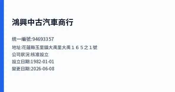 鴻興中古汽車商行的照片-統編 94693357(花蓮縣) 公司登記資料與營業項目詳細圖表
