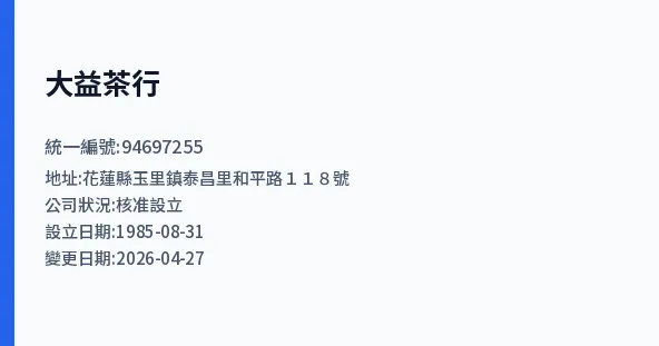 大益茶行的照片-統編 94697255(花蓮縣) 公司登記資料與營業項目詳細圖表