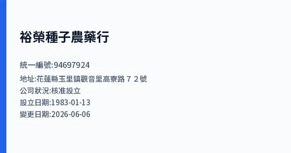 裕榮種子農藥行的照片-統編 94697924(花蓮縣) 公司登記資料與營業項目詳細圖表