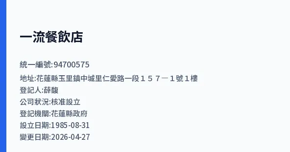 一流餐飲店的照片-統編 94700575(花蓮縣) 公司登記資料與營業項目詳細圖表