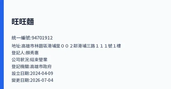 旺旺麵的照片-統編 94701912(高雄市) 公司登記資料與營業項目詳細圖表