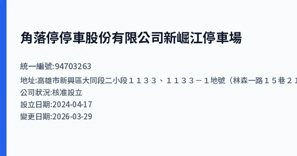 角落停停車股份有限公司新崛江停車場的照片-統編 94703263(高雄市) 公司登記資料與營業項目詳細圖表