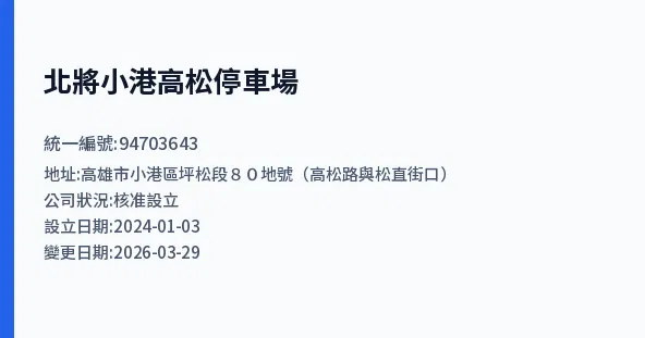 北將小港高松停車場的照片-統編 94703643(高雄市) 公司登記資料與營業項目詳細圖表